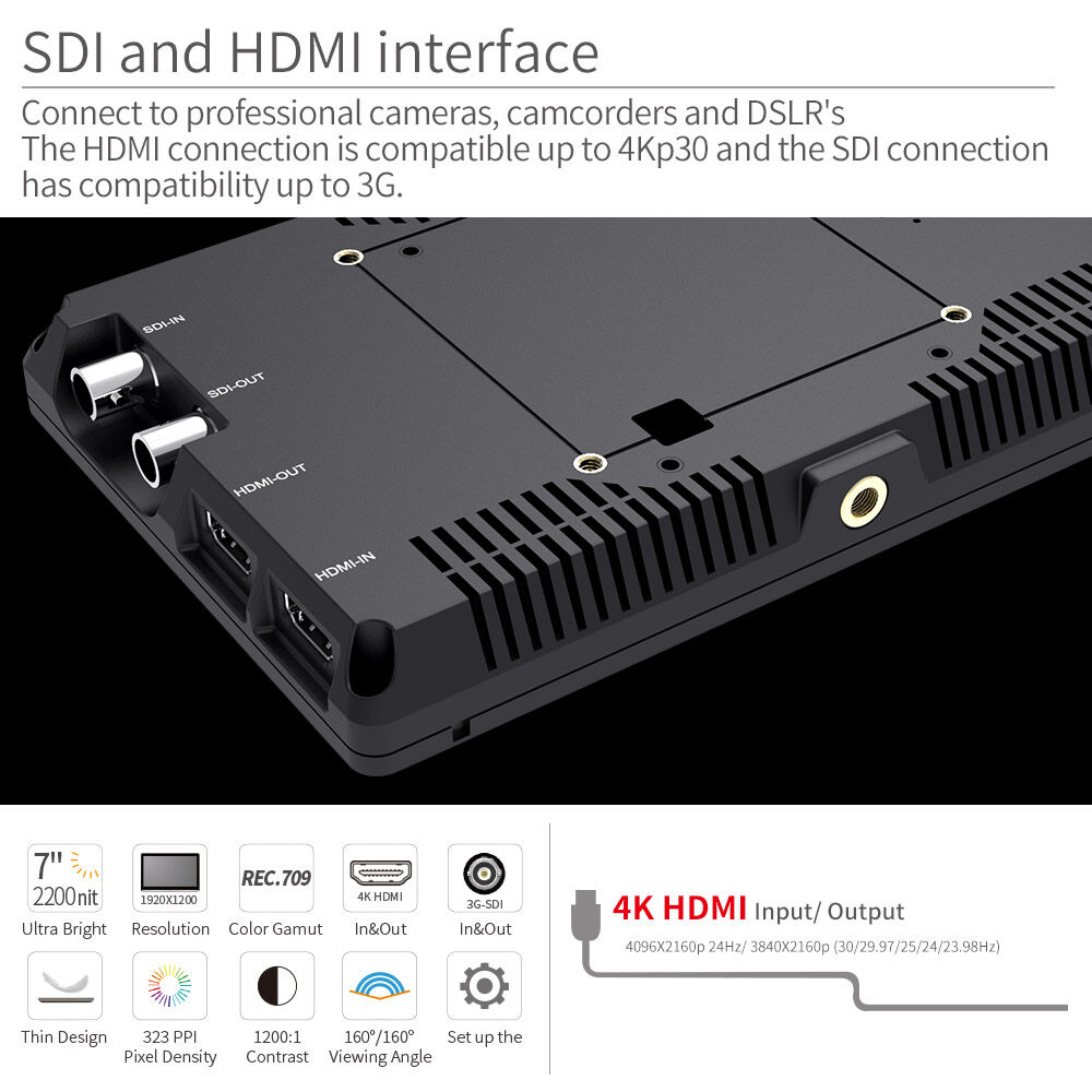 FEELWORLD FW279S 7 Inch 2200nit Daylight Viewable 3G-SDI HDMI on Camera DSLR Field Monitor 4K ...