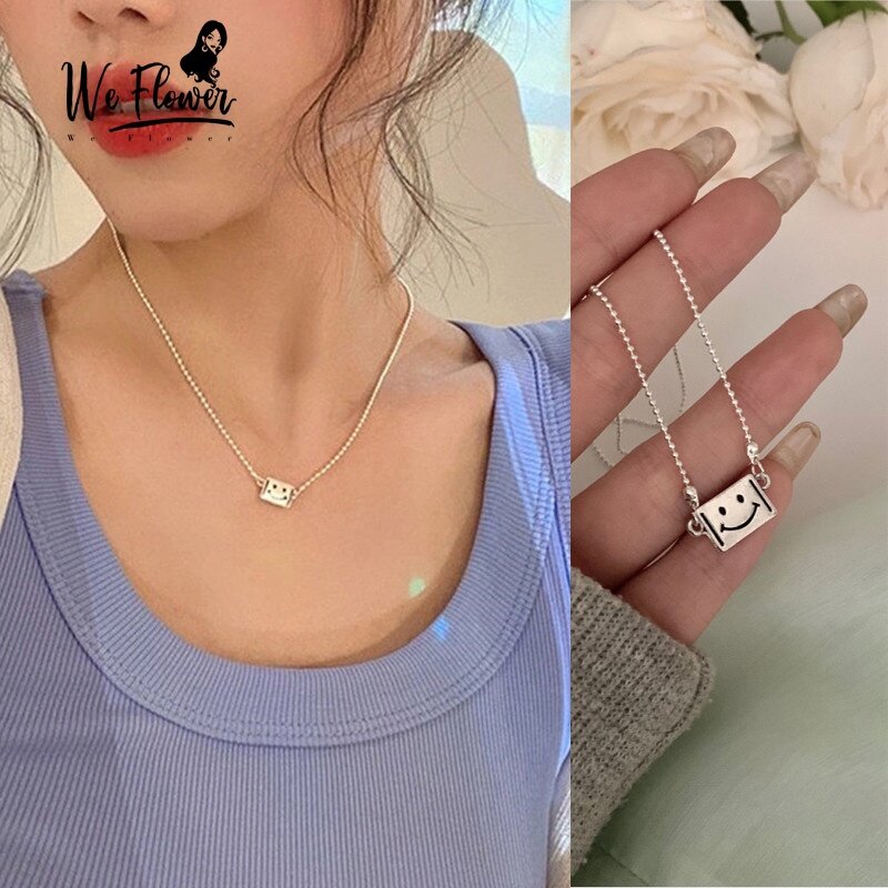 We Flower Chic Silver Beaded Chain Square Smiley Face Pendant Necklace for Women Girls Fashion ...