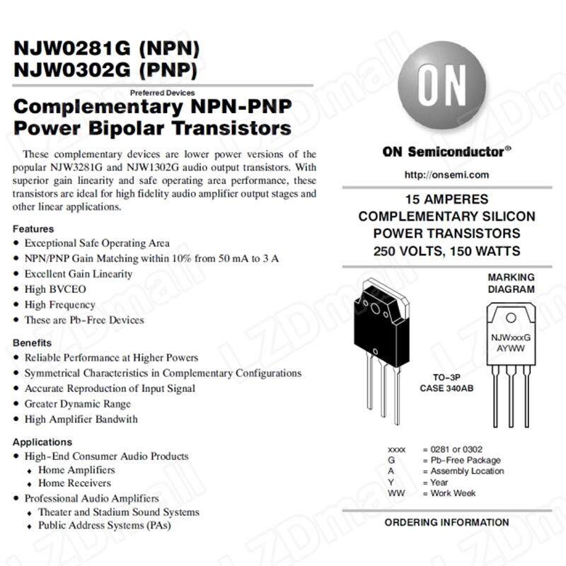 5คู่Original (5Pcs NJW0302G + 5Pcs NJW0281G ) TO-3P NJW0302 NJW0281 NPN PNP 15A 250V 150W ...