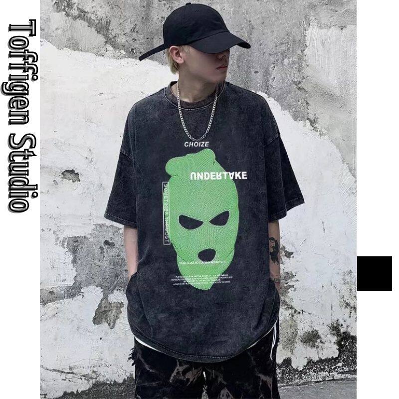 Toffigen Unisex Heart Plaid Print Shirt Half Sleeve Black Loose Short