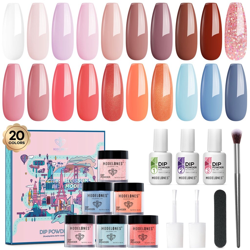 Modelones 20 Colors Dip Powder Nail Kit Starter Popular Nude Pink Glitter Skin Tones Pastel