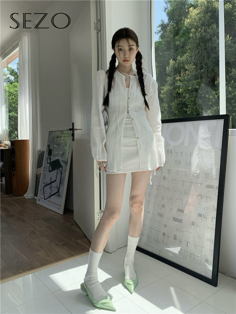 SEZO เสื้อลูกไม้แขนยาวผู้หญิงเกาหลี/กระโปรงจีบสีทึบสำหรับผู้หญิง (เคล็ด ...