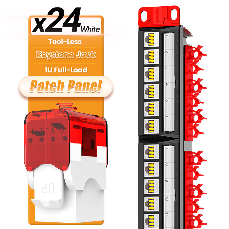 AMPCOM Patch Panel, 24-Port Tool-Less RJ45 UTP Keystone Jack Patch Panel with Back Bar, Wall ...