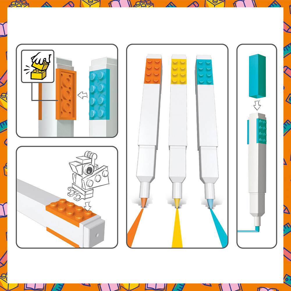 IQ LEGO 2.0 Stationery 3 Pack Highlighter Markers with 4x2 Building ...