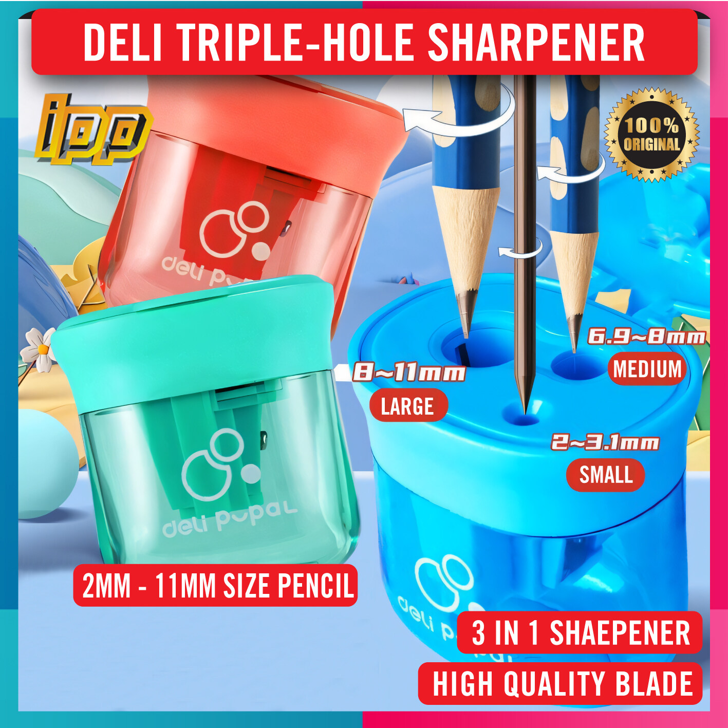 DELI Triple-Hole 3 In 1 Pencil Sharpener / 2mm to 11mm Pencil Sharpener ...
