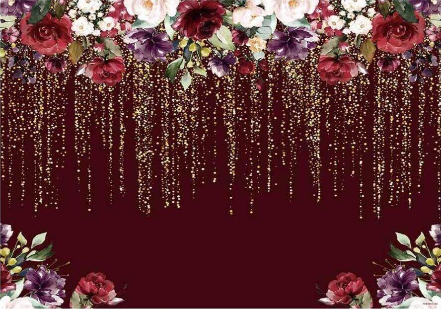 Red Flowers Backdrop No Wrinkles Golden Glitter Floral Birthday Party ...