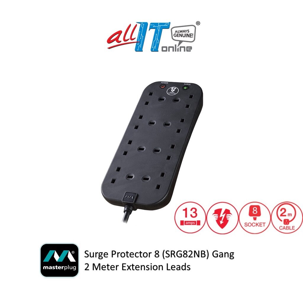 Masterplug Surge Protector 4 (SRG42NB) / 8 (SRG82NB) Gang 2 Meter ...