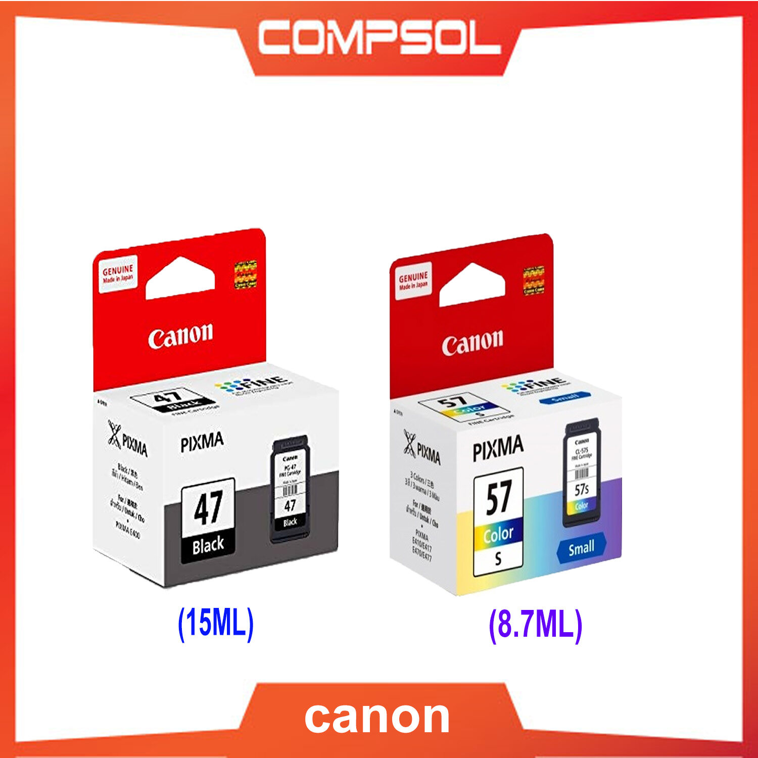 Canon PG47 (15ML) Black + CL57S (8.7ML) Colour ink cartridge Support ...