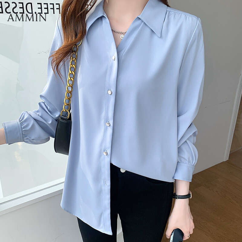 AMMIN Tops OL 2021 autumn new commuter single row button cardigan chiffon shirt women Korean ...