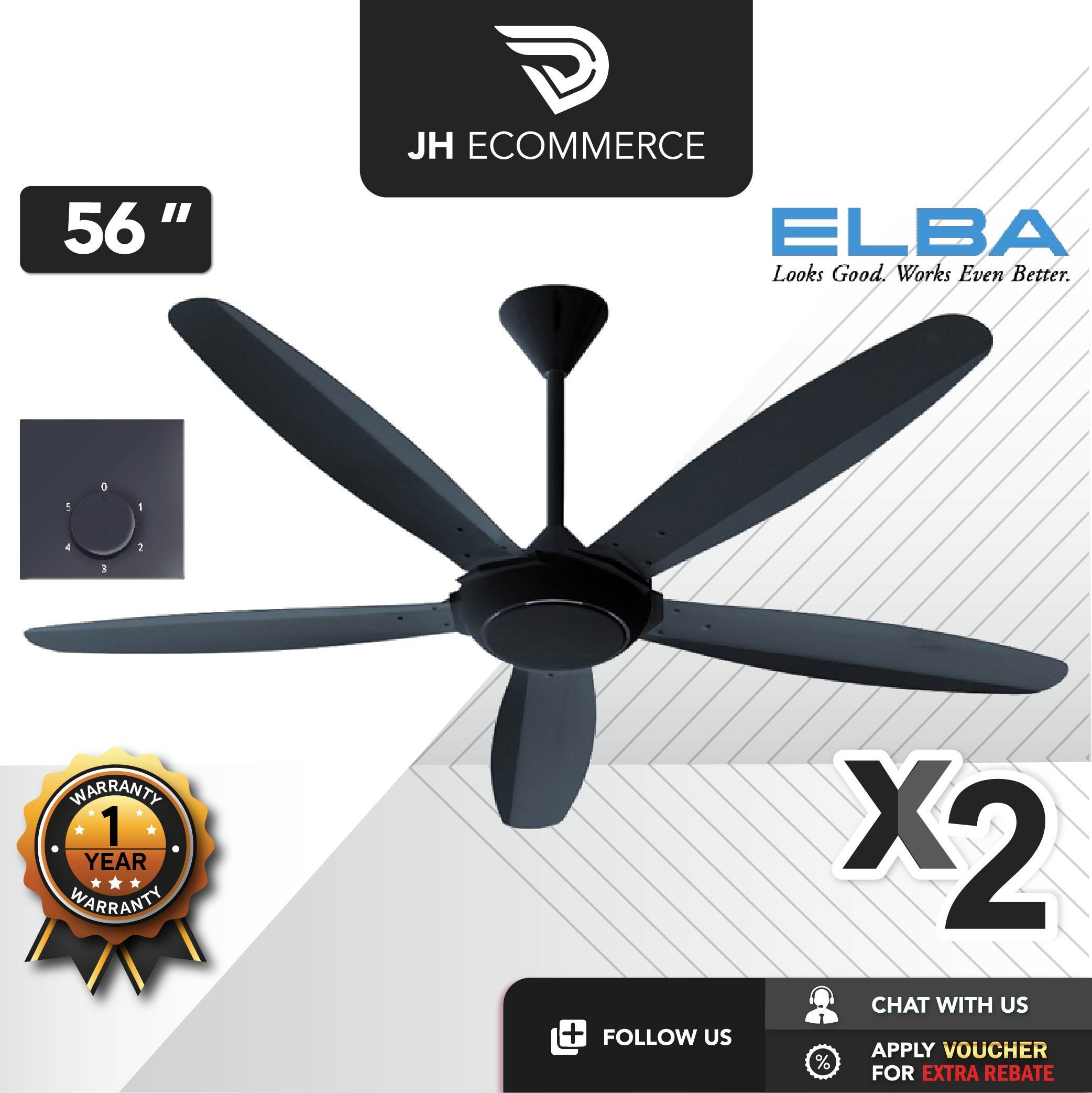 Elba 56" 5 Blades Regulator Ceiling Fan ECF-K5605(BK) | Kipas Angin ...