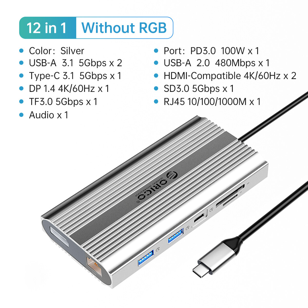 แท่นวาง USB C,Orico 12 In 1 USB C Hub Dual พร้อม Dual HDMI 4K, VGA, DP ...