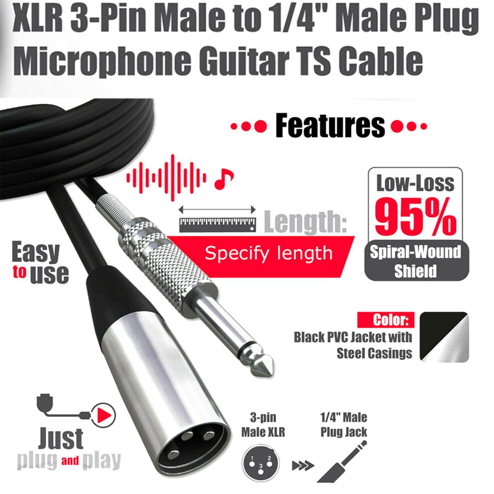 BNAUDIO Mono Male (1/4นิ้ว) 6.35มม. ถึง XLR Male Plug Cable Shielded ...