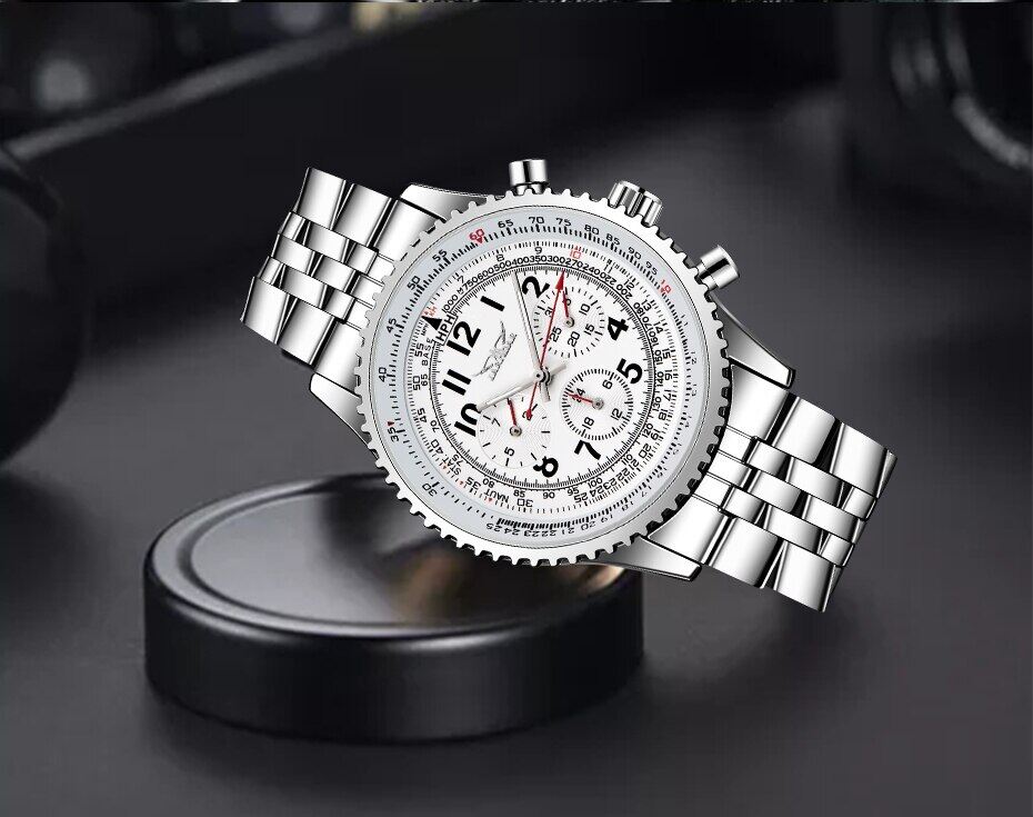 JARAGAR Pilot นาฬิกาออโตเมติกผู้ชายสีดำ3 Dial Multifunction วันที่เหล็กกีฬานาฬิกาแบรนด์ชั้นนำ ...