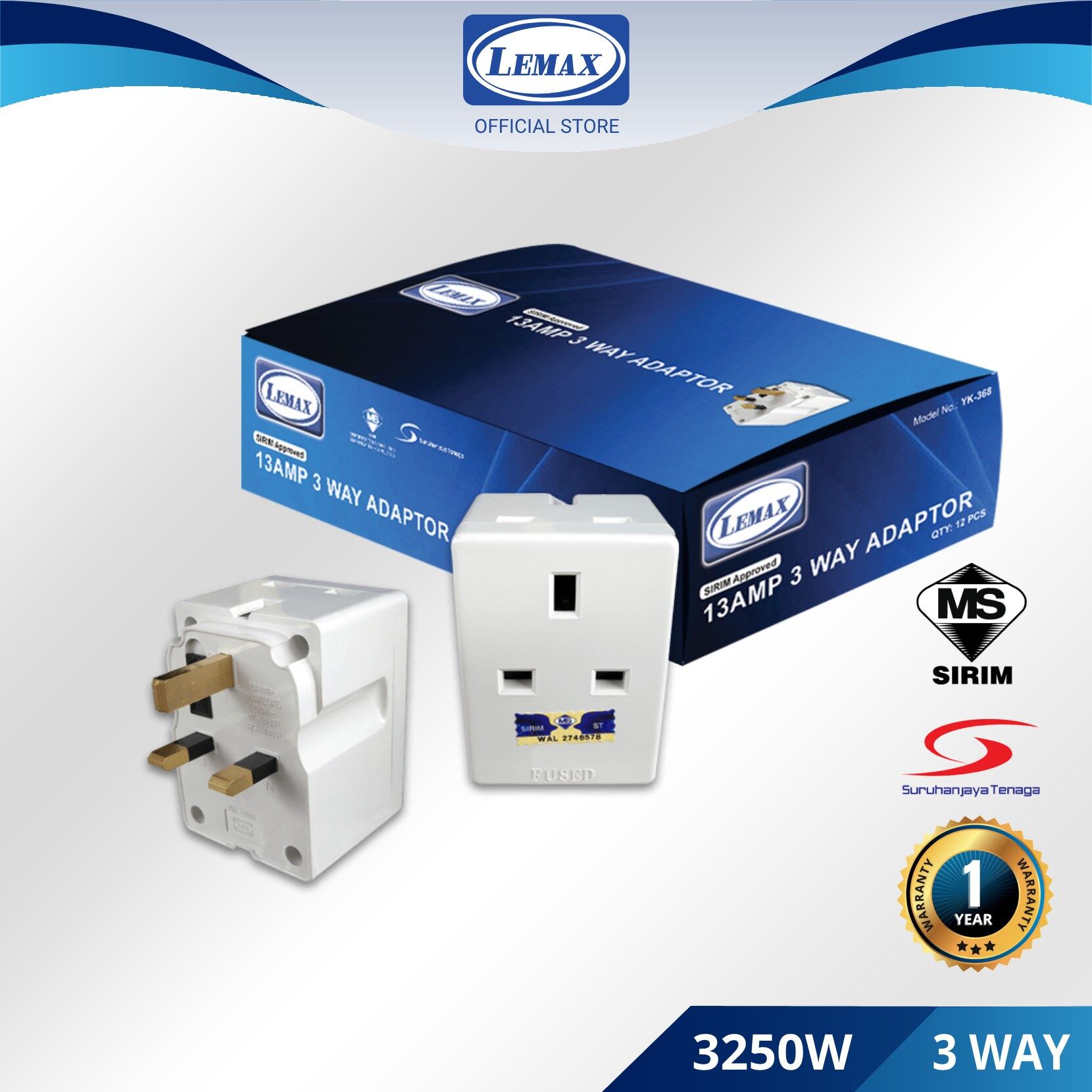[sirim] Lmx 3 Way Adaptor With Neon Light And Surge Protection 13a Adapter Plug Yk368 Yk368n