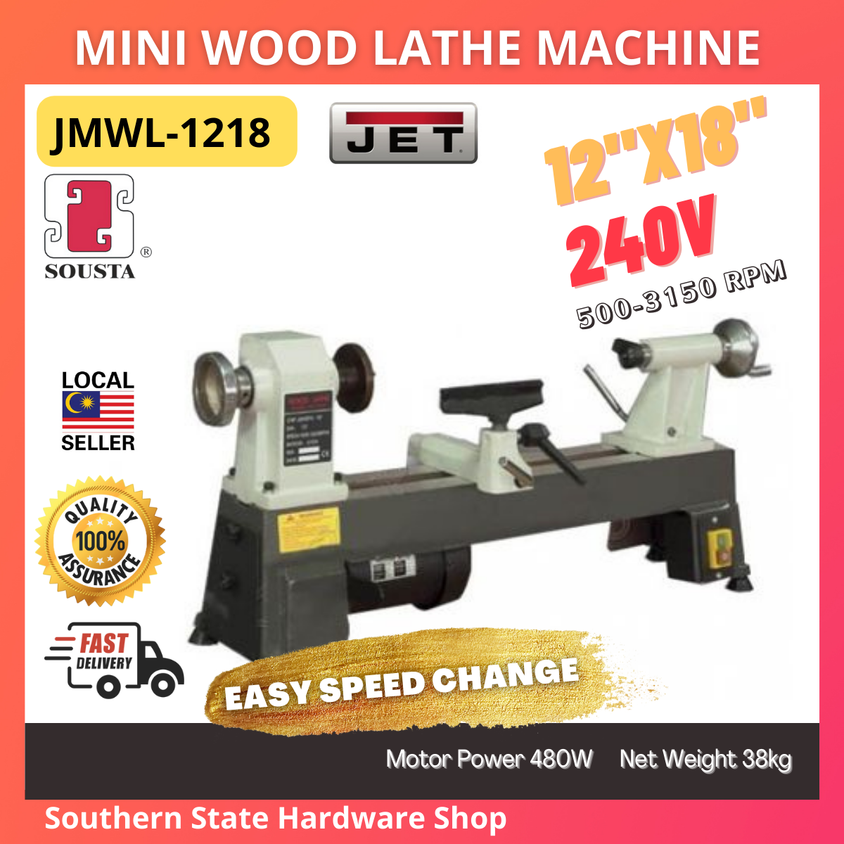 Jetmac JMWL-1218 12" x 18" Mini Wood Lathe Machine | Lazada