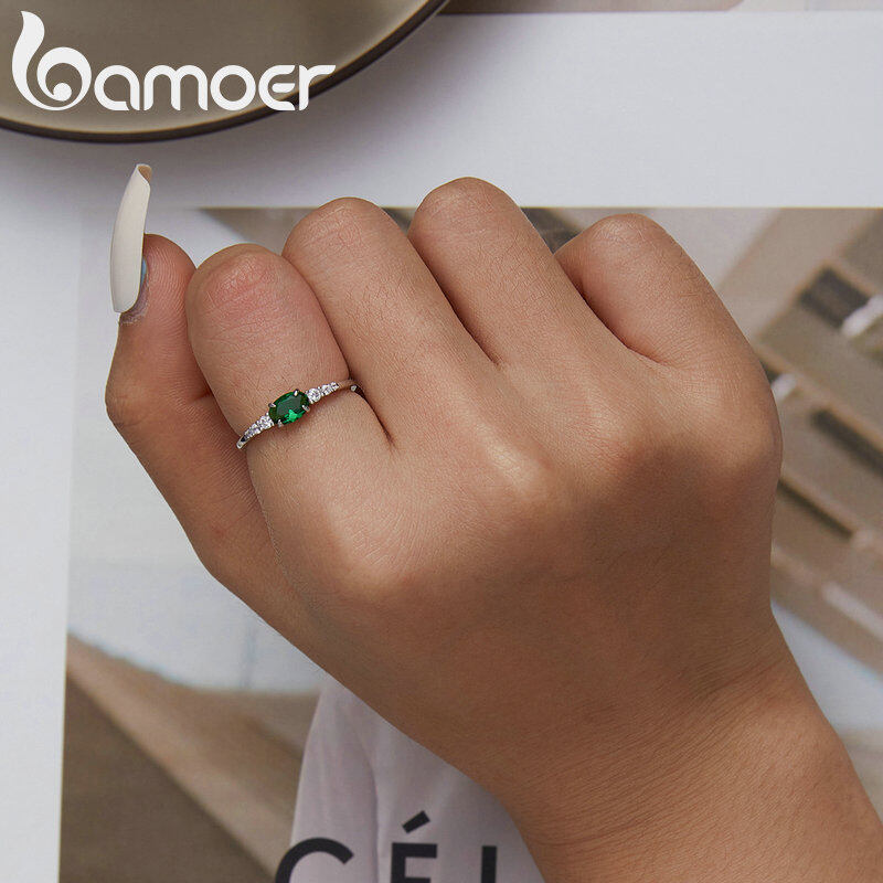 BAMOER 925เงินสเตอร์ลิงที่เรียบง่ายพลอยแหวนสำหรับผู้หญิงสีเขียว ...