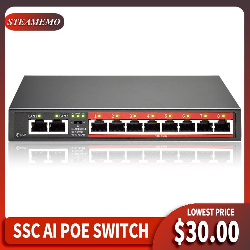 STEAMEMO 8 Port POE Switch Gigabit Uplinked 52V90W External Power ...