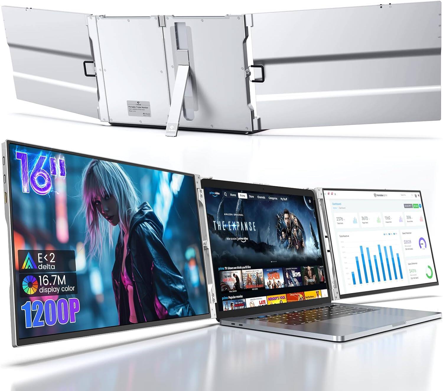 LIMINK LK16 16inch Portable Triple Monitor 1200P Dual Screens Extender ...
