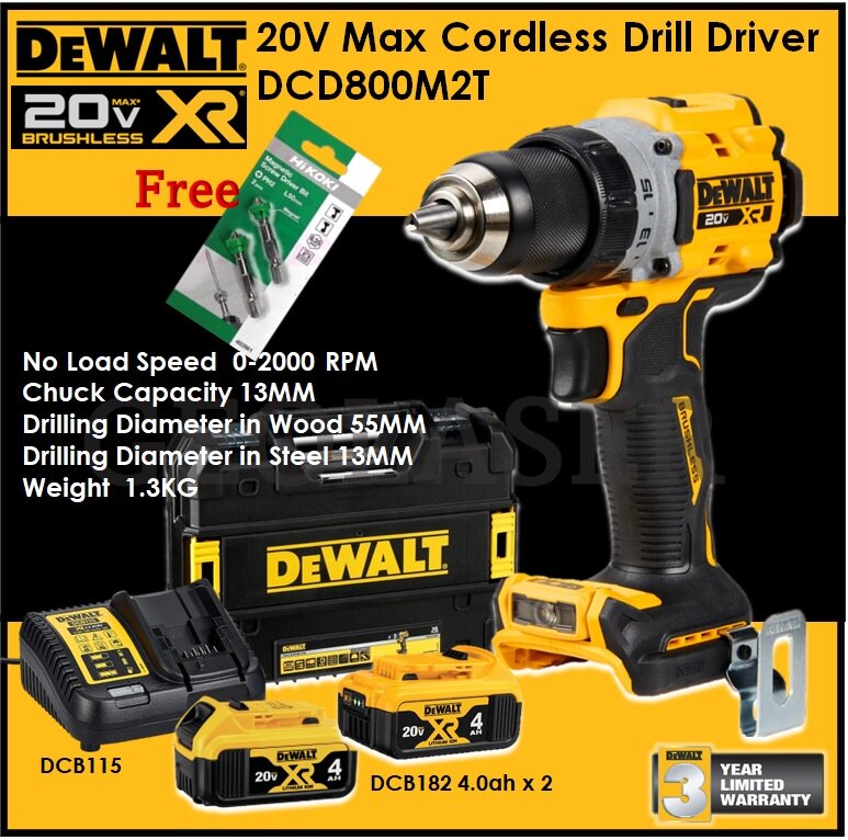 DeWalt 20V Max DCD800 13mm Brushless Cordless Drill Driver (DCD800M2T ...