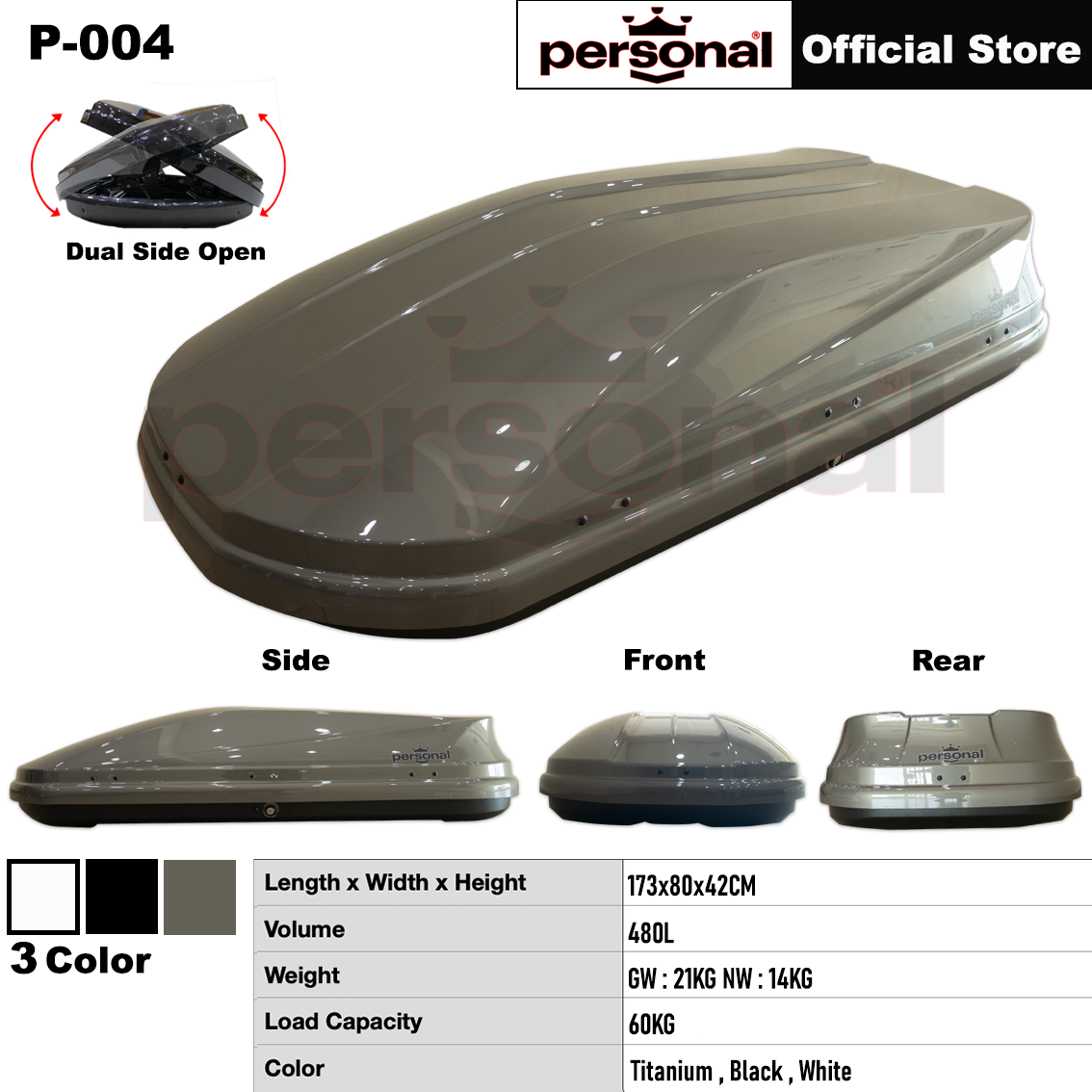 PERSONAL P-004 Car Roof Box PC Material (M Size 480L) Glossy Color ...