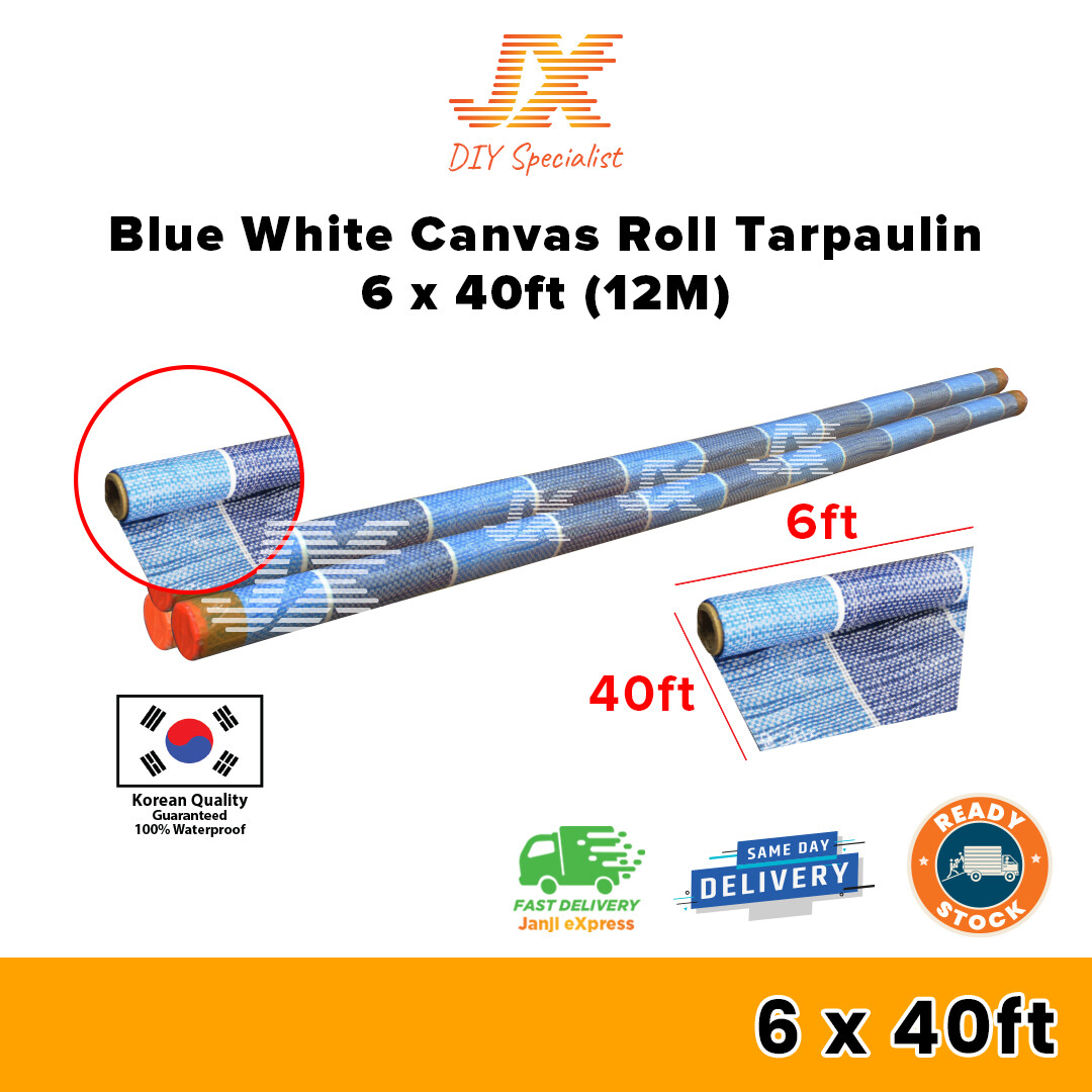 SUNTUF Blue White Canvas Roll Tarpaulin 6ft x 40ft(12M) / Kanvas Biru ...
