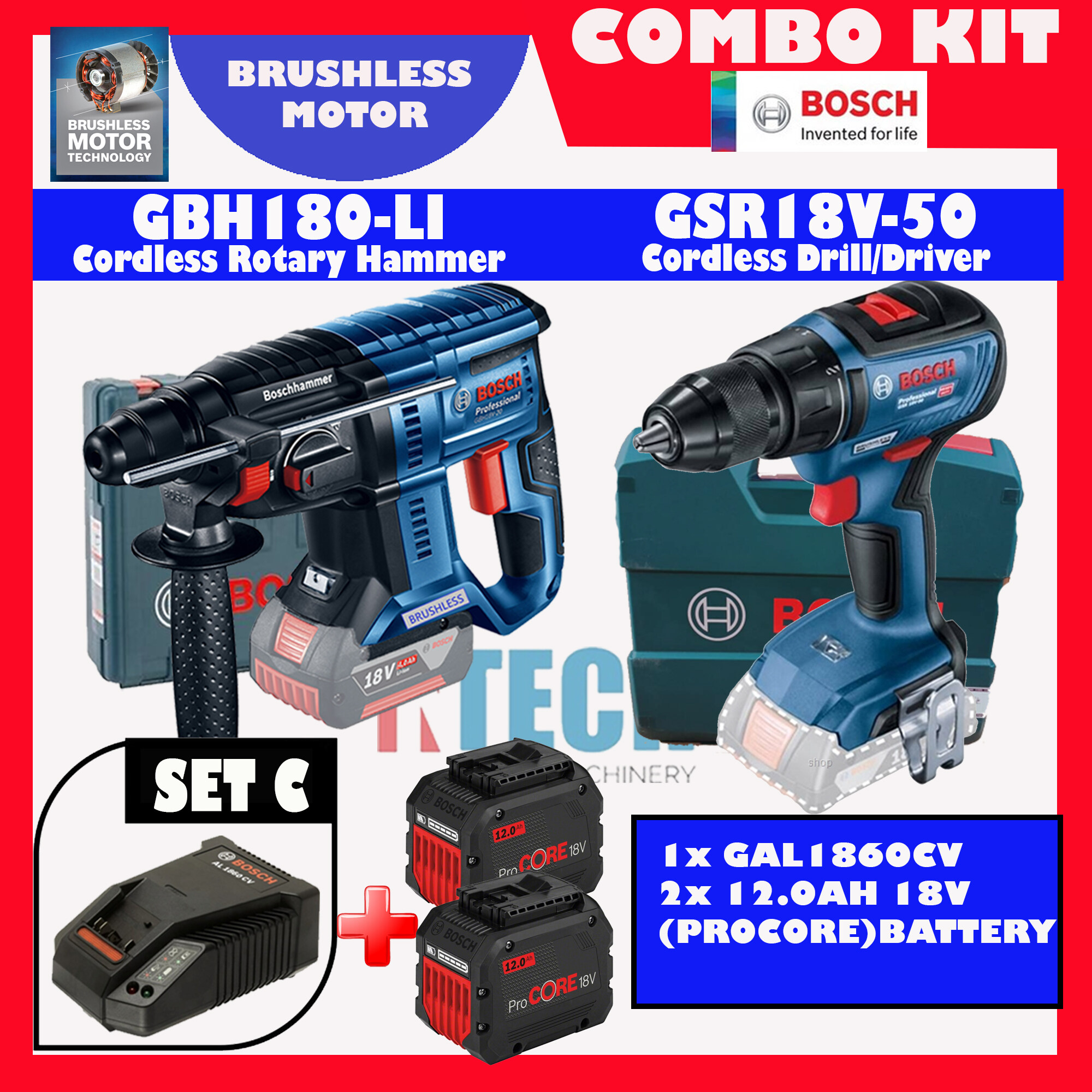BOSCH COMBO KIT GBH180-LI CORDLESS ROTARY HAMMER + GSR18V-50 CORDLESS ...