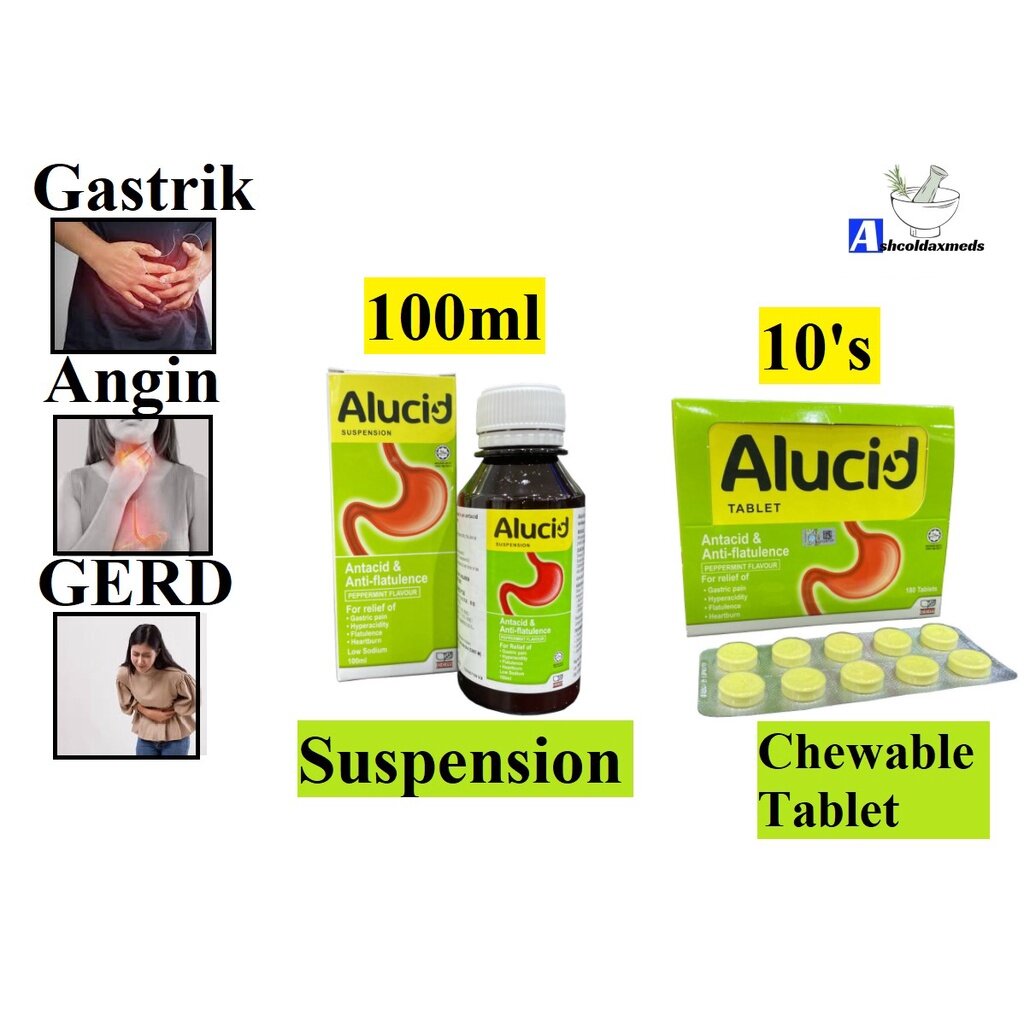 ALUCID Chewwable Tablet 10s/Suspension 100ml(EXP04/26) (Ubat Kunyah Gas ...