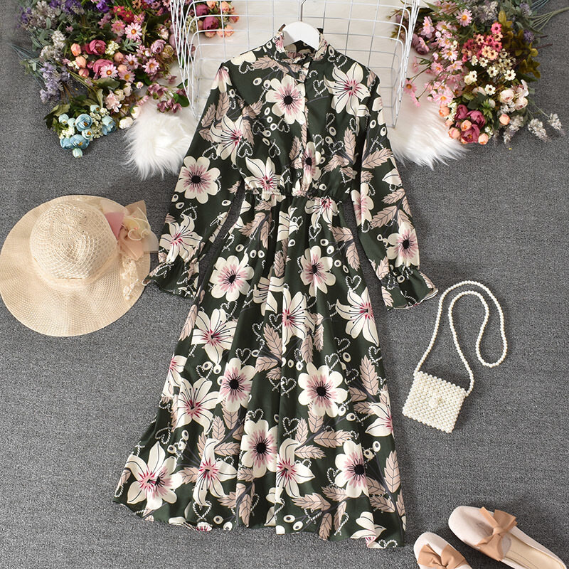 korean floral dress women fashion long sleeve spring autumn slim ...