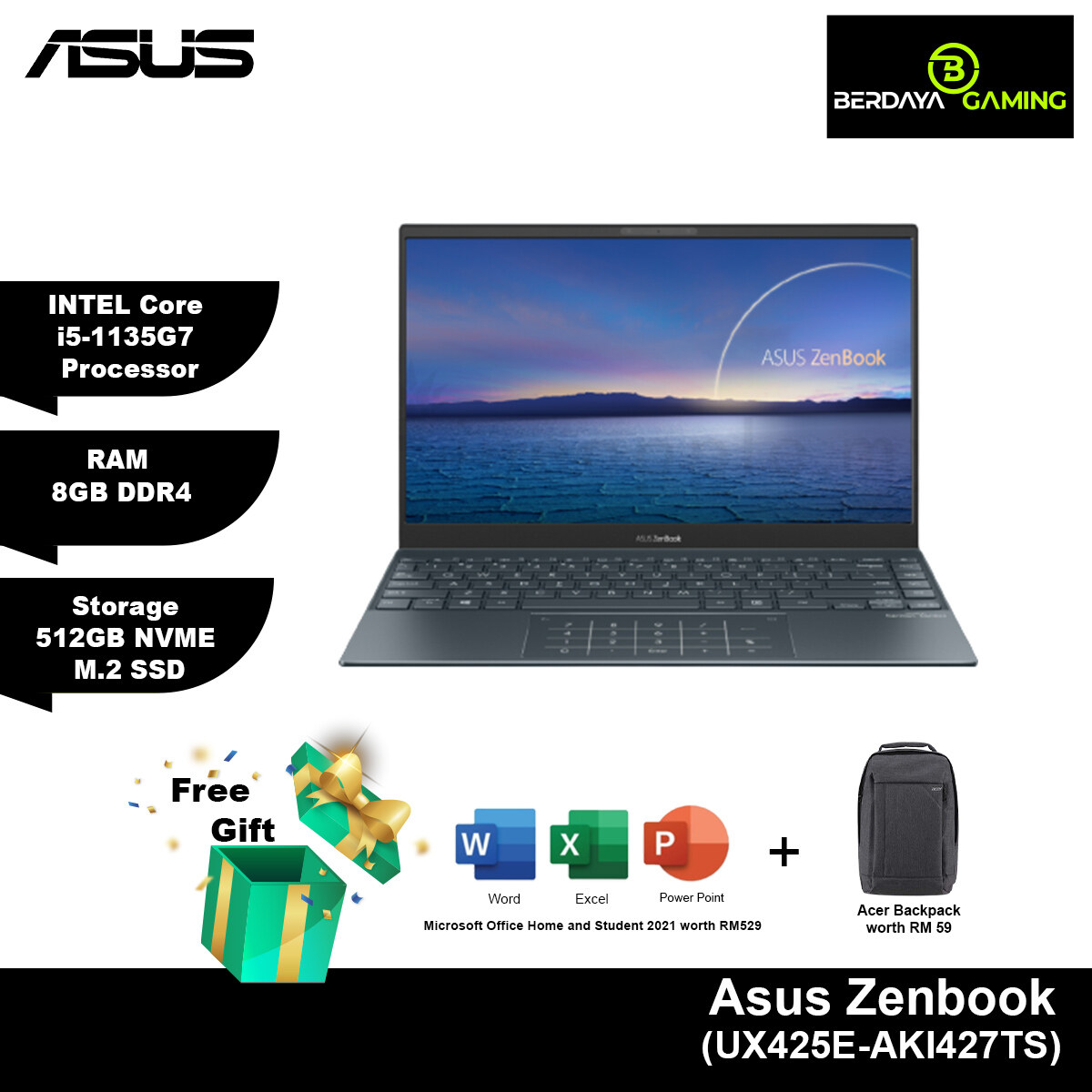 Asus Zenbook 14 | UX425E-AKI427TS | I5-1135G7 | 8GB | 512GB SSD | Iris ...
