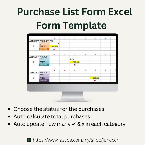 PURCHASE LIST FORM EXCEL FORM TEMPLATE BORANG SENARAI PEMBELIAN TEMPLAT ...