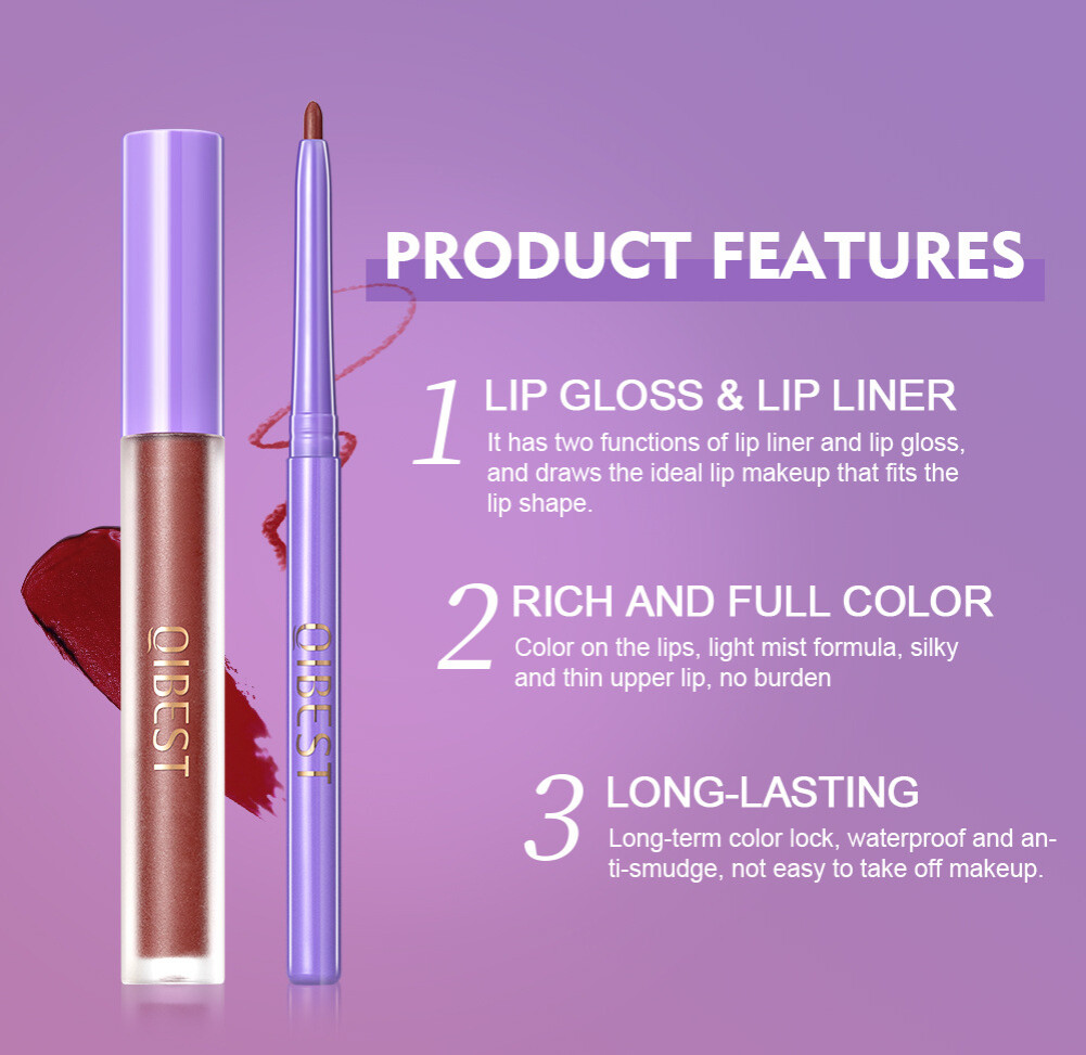 QIBEST Portable Lipstick Set 【 Lip Glaze + Lip Liner】 Long-Lasting ...