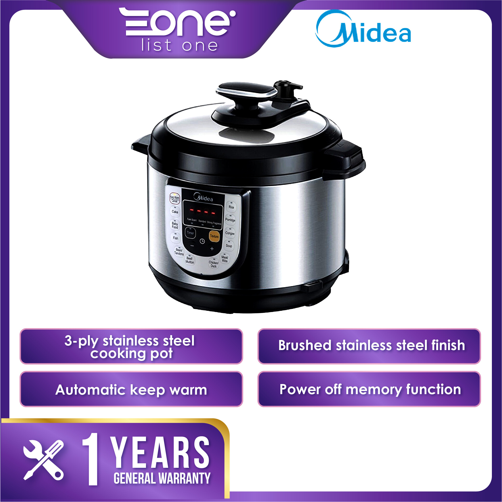 Midea 6.0L Stainless Steel Pot Pressure Cooker MY-12LS605A | Lazada