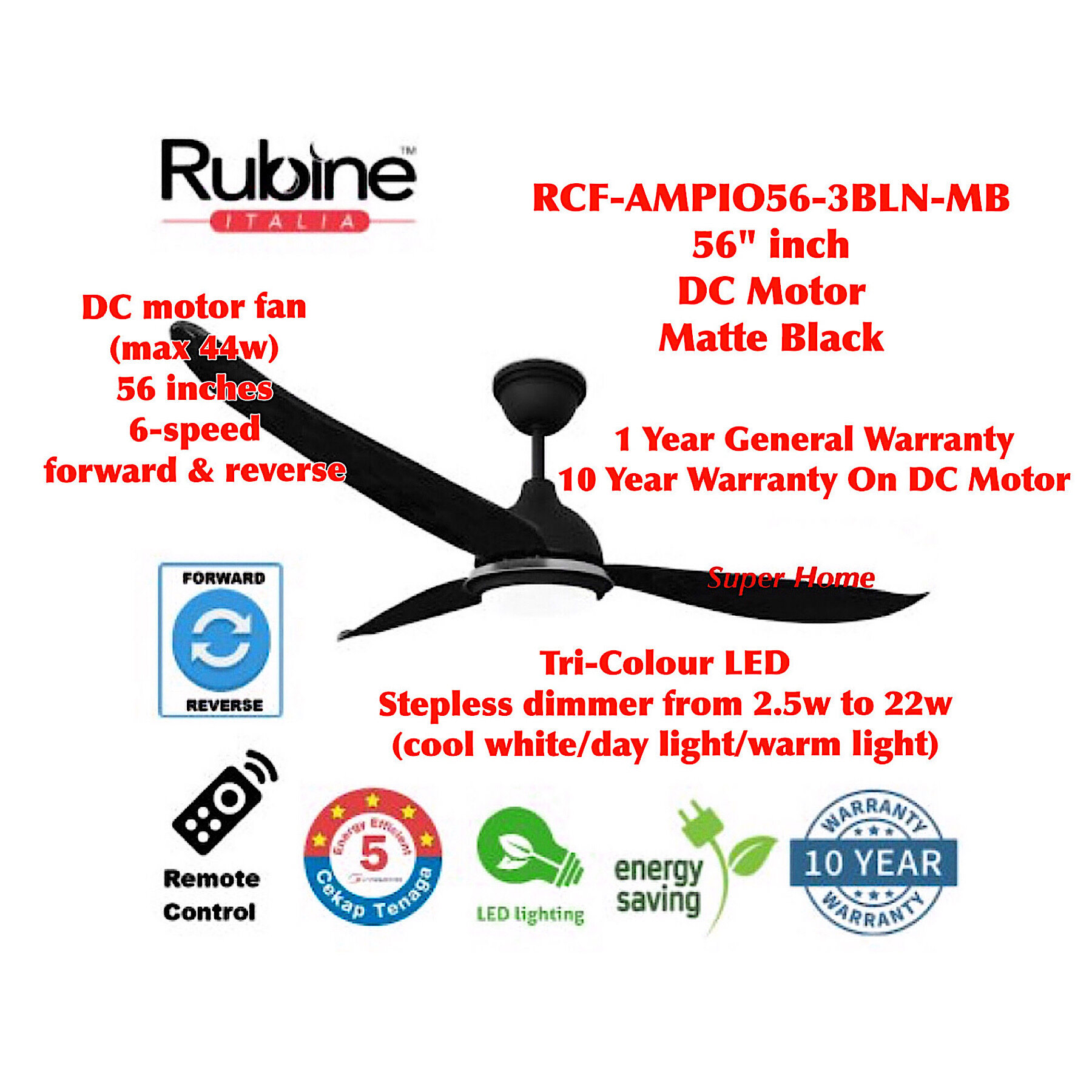 Rubine Remote Control Ceiling Fan with Dimmer LED Light RCF-AMPIO56 ...