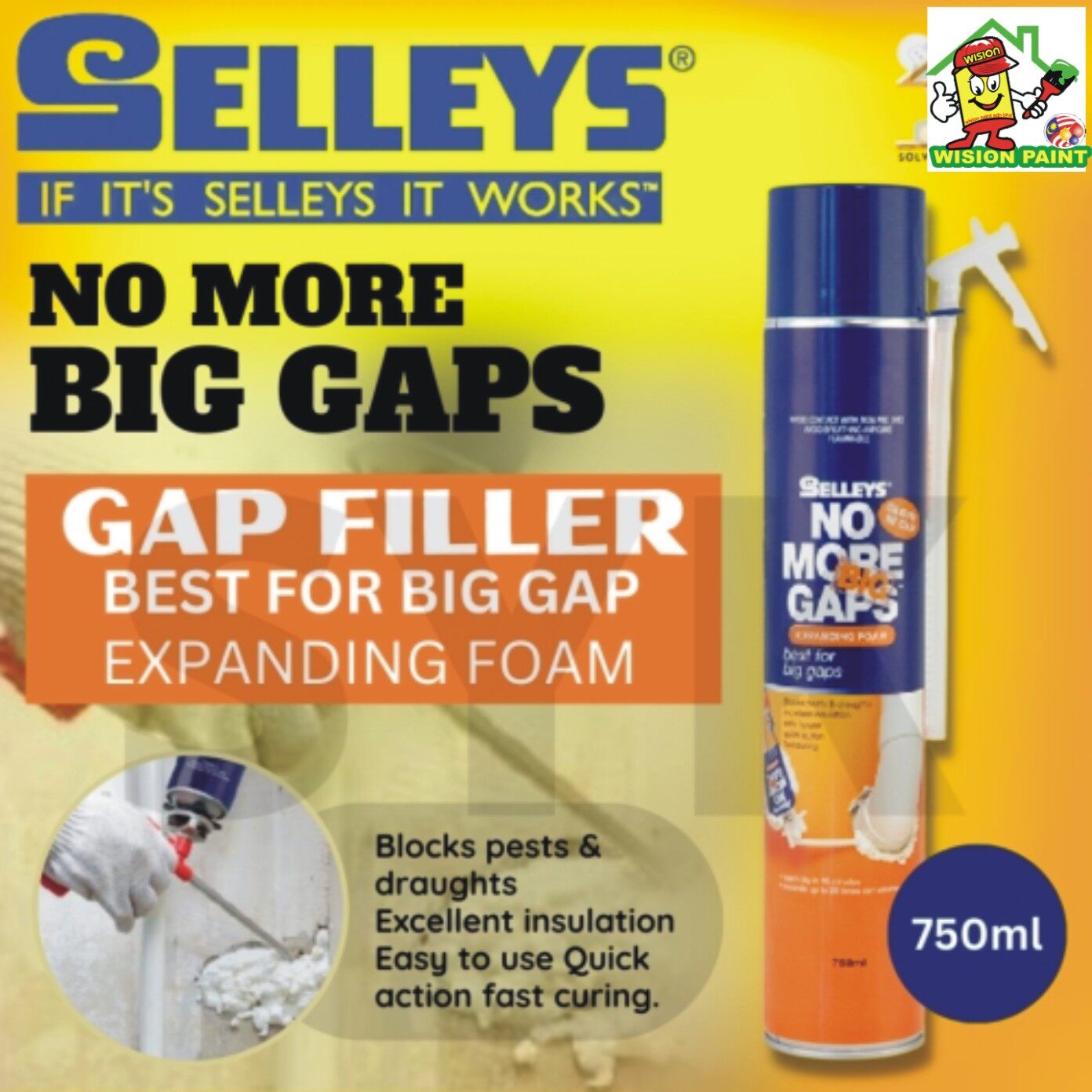 750ML "SELLEYS" BIG No More Big Gaps Expanding Foam Gap Filler Wall Air Con Pipe Gap Filler DIY ...