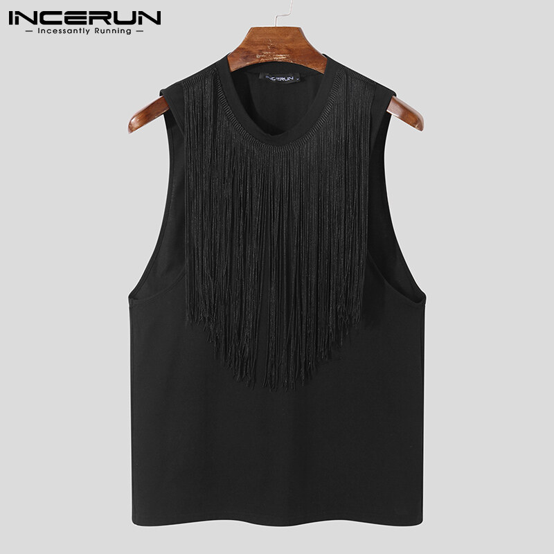 INCERUN เสื้อกั๊กแขนกุดมีพู่สำหรับผู้ชาย,เสื้อยืดทรงหลวมลำลองใส่หน้า ...