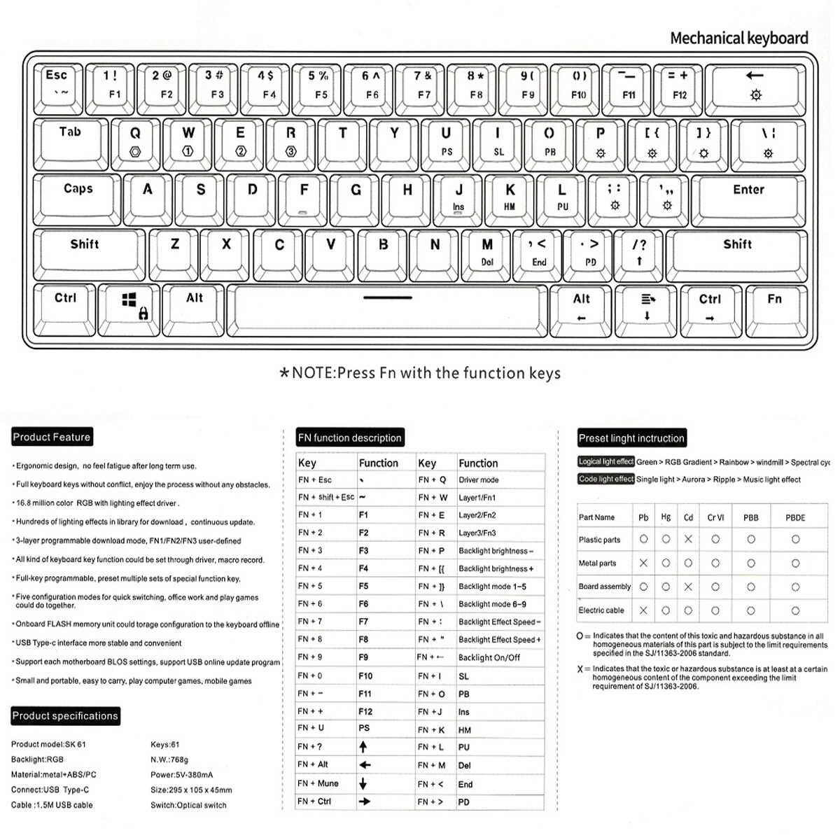 【Extensive】Geek SK61ที่กำหนดเอง60% 61คีย์ NKRO Gateron แกนประเภท-C สาย ...
