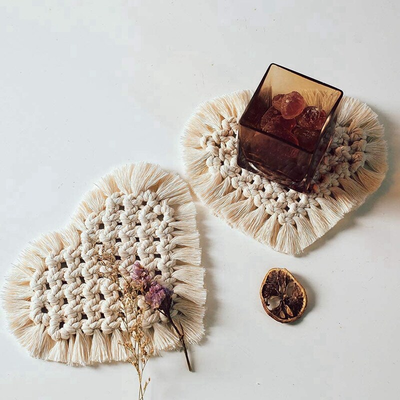4 Pack Handmade Cotton Boho Macrame Coasters, Love Heart Shape Cup Pad ...