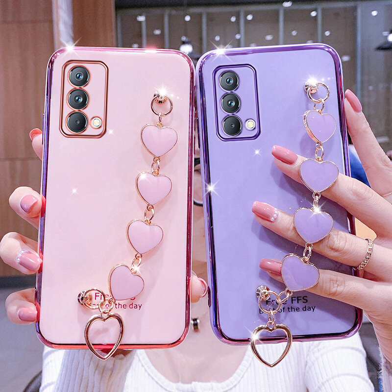 สำหรับ Realme GT Master Edition Caseหรูหราหัวใจรักสร้อยข้อมือตรงขอบชุบ ...