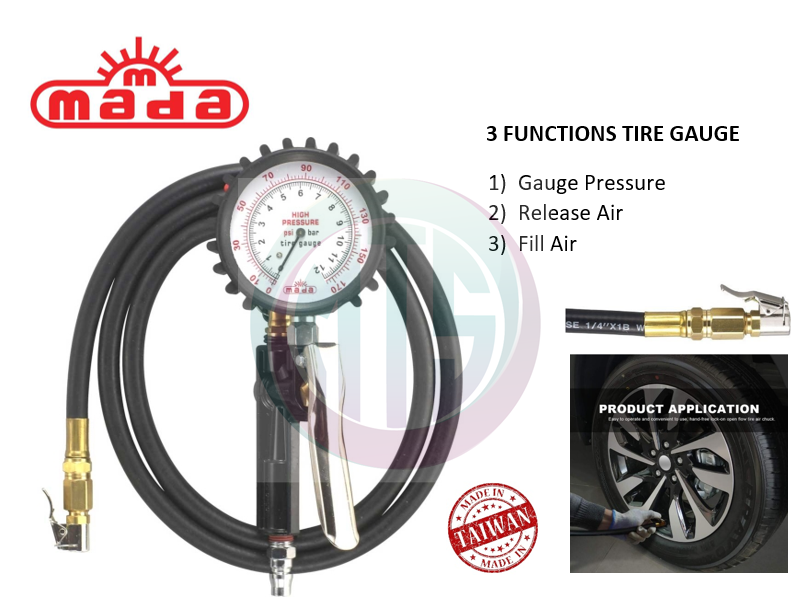 Made In Taiwan (100% Original) MADA High Pressure Meter 3 Functions Tire Gauge 170psi Pump Angin ...