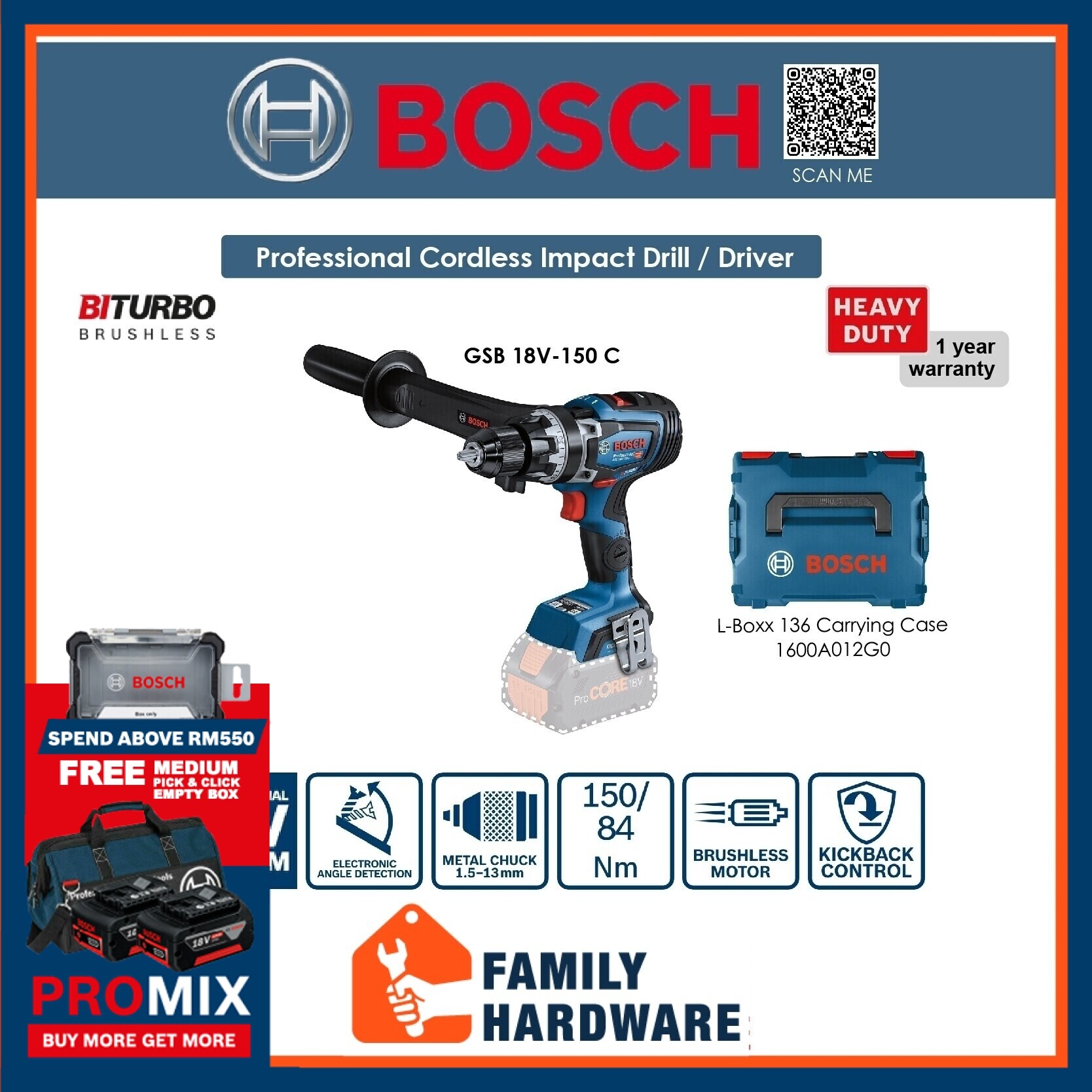 BOSCH GSB 18V-150 C GSB18V-150C PROFESSIONAL CORDLESS BATTERY DRILL ...