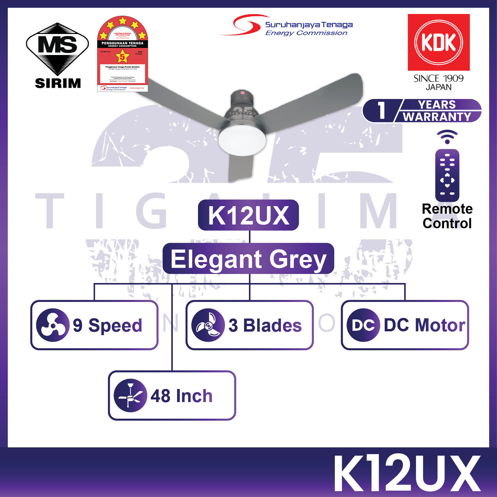 KDK K12UX 48" 3 Blades | K15UW 60" 5 Blades Short / Long Pipe DC Motor ...