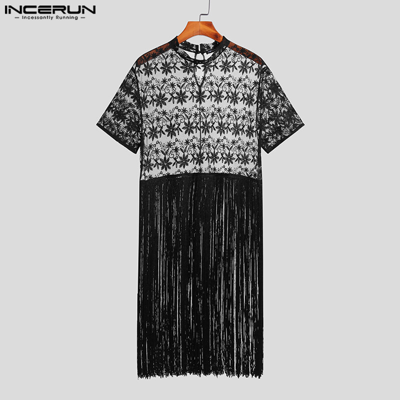 INCERUN เสื้อยืดคอกลมแขนสั้นบุรุษเสื้อซีทรูแต่งพู่ (ชุดลำลอง) #3 ...