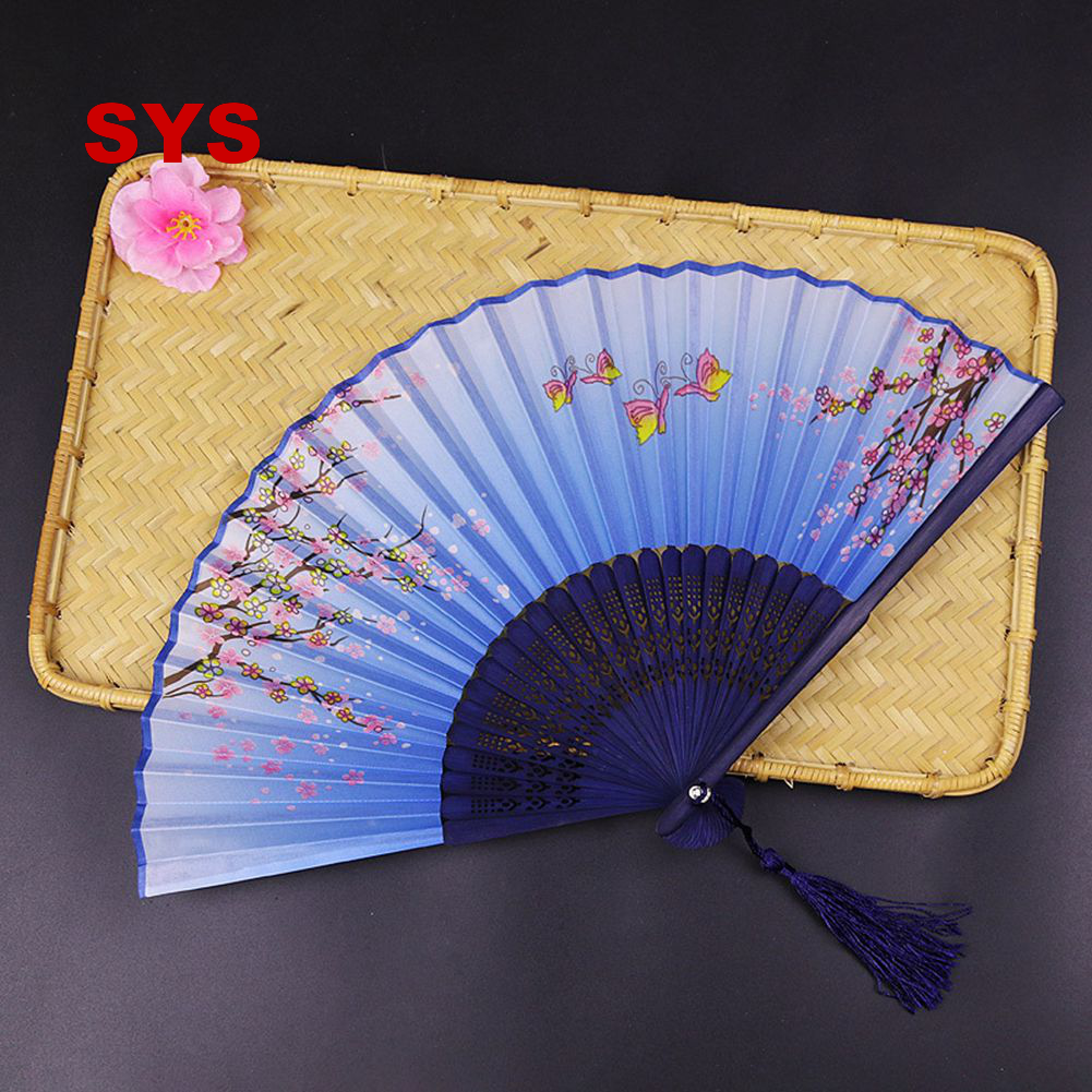 SYS Chinese Style Vintage Silk Sakura Hand Fan Multicolor Sakura Bamboo ...