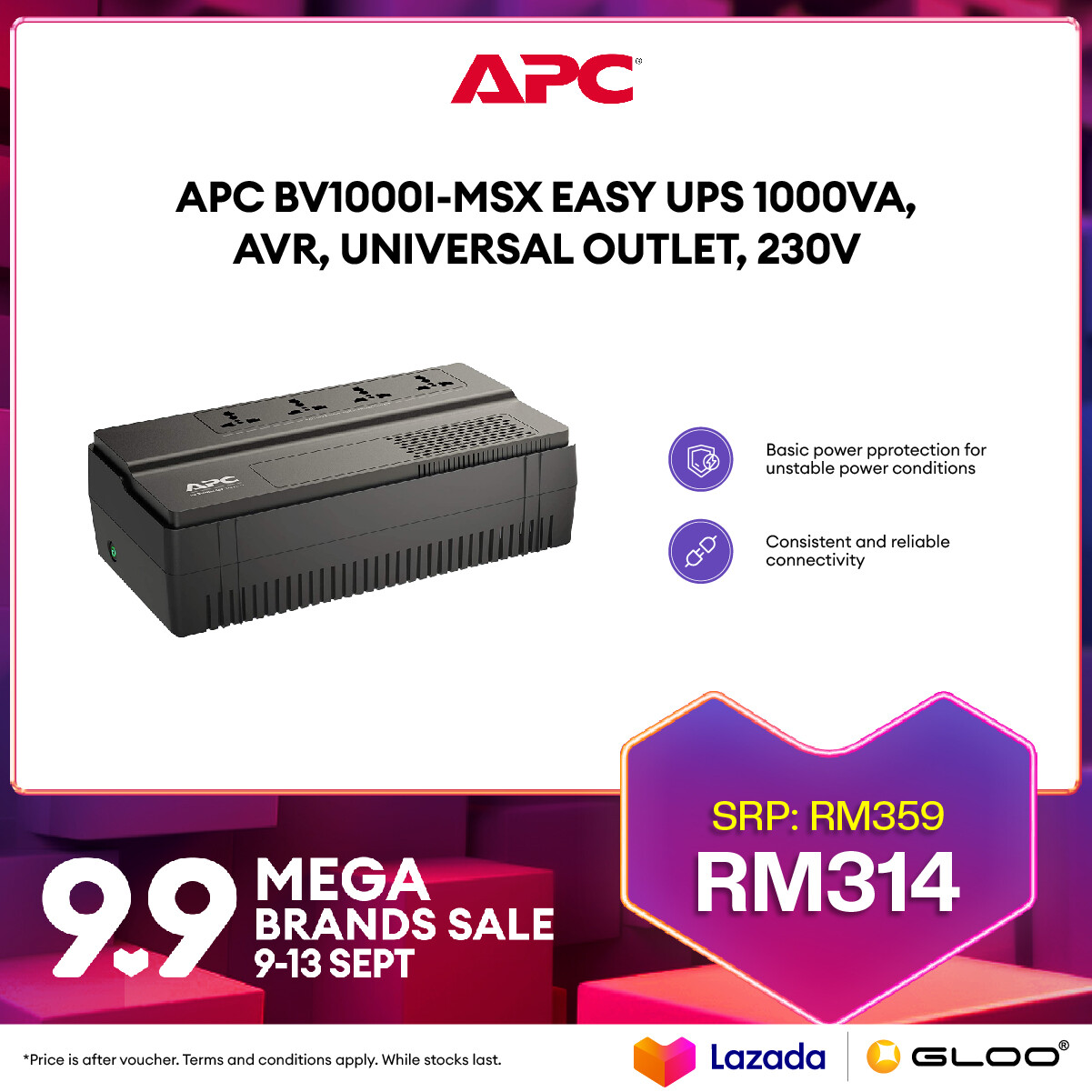 APC BV1000I-MSX EASY UPS 1000VA, AVR, UNIVERSAL OUTLET, 230V - Black | Lazada