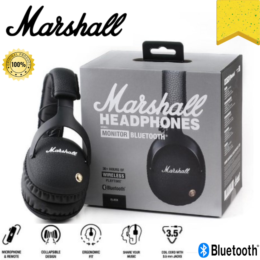 Marshall Monitor Bluetooth headphones Over-Ear Wired Headset Mic Remote ...