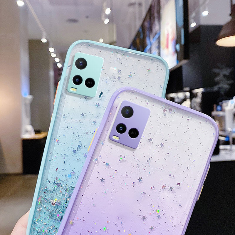 QAWSEDR Glitter สำหรับ VIVO Y21 Y21s กล้องโปร่งใสสำหรับสาว Backplane ...