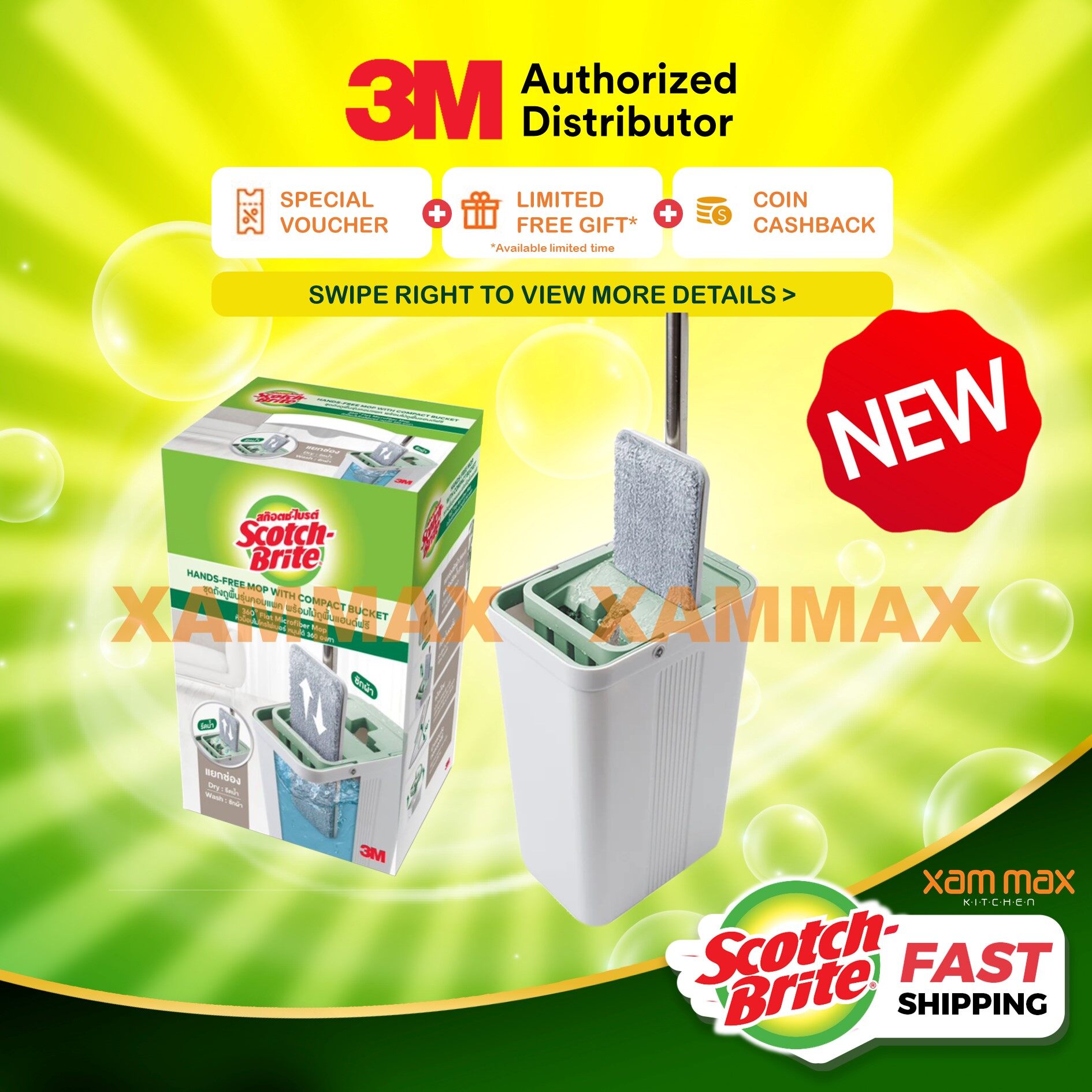 3M Scotch Brite Hands Free Mop With Bucket \ Mop Lantai Flat Mop ...