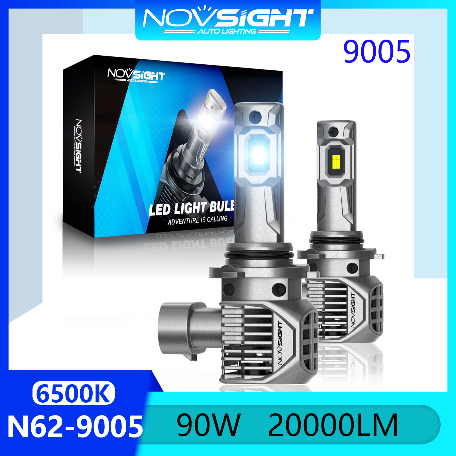 Novsight N62 9005 HB3 LED Headlight Bulbs 90W 20000LM 6500K Cool White Extremely Bright LED ...