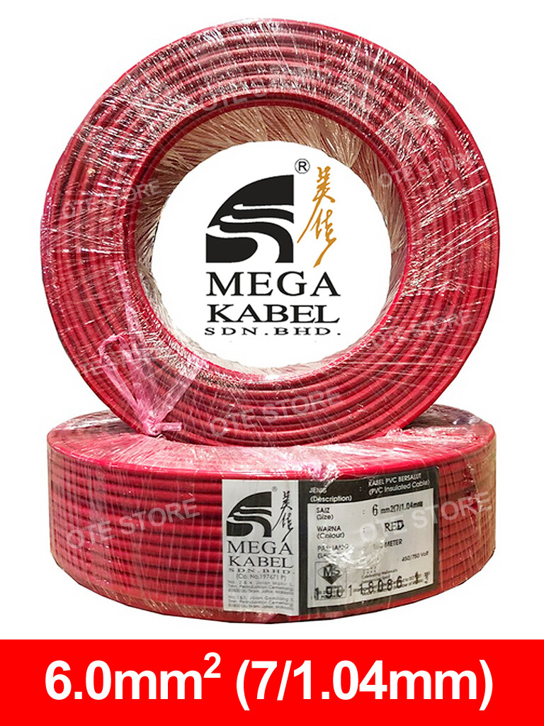 Mega Kabel PVC 6mm 7/1.04mm Single Cable 100M (SIRIM & JKR APPROVAL ...