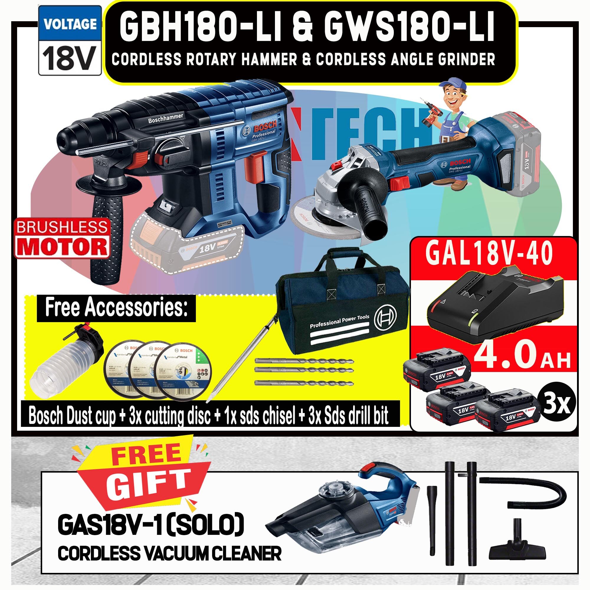 BOSCH COMBI KIT 18V GBH180-LI CORDLESS ROTARY HAMMER + GWS180-LI ...